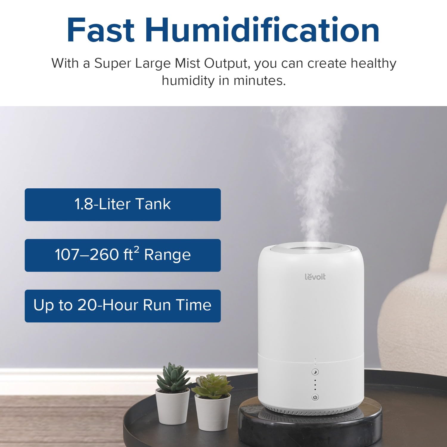 LEVOIT Humidifiers for Baby Bedroom Top Fill Cool Mist for Kids Nursery, Plants with Essential Oil, Built-in Smart Sensor Provides Consistent Humidity, Ultra Quiet Operation, 1.8L, White