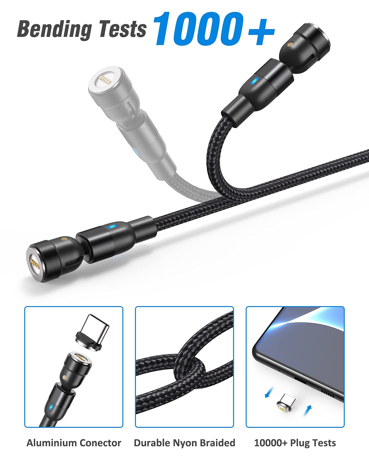 A.S Magnetic Charging Cable, Magnetic Type C Cable Fast Charging Data Sync Magnetic Cable Magnetic Phone Charger for Micro USB, USB C, i-Product Smartphones(3.3ft/3.3ft/6.6ft/6.6ft,Black)