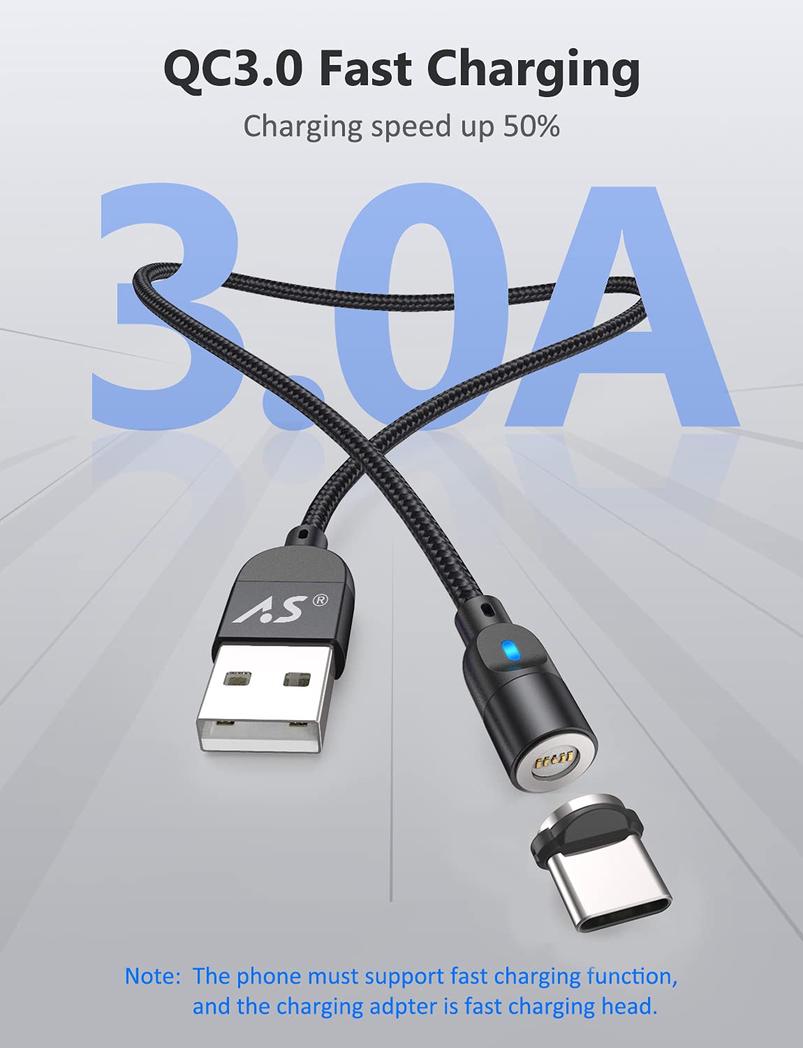 A.S Magnetic Charging Cable, Magnetic Type C Cable Fast Charging Data Sync Magnetic Cable Magnetic Phone Charger for Micro USB, USB C, i-Product Smartphones(3.3ft/3.3ft/6.6ft/6.6ft,Black)