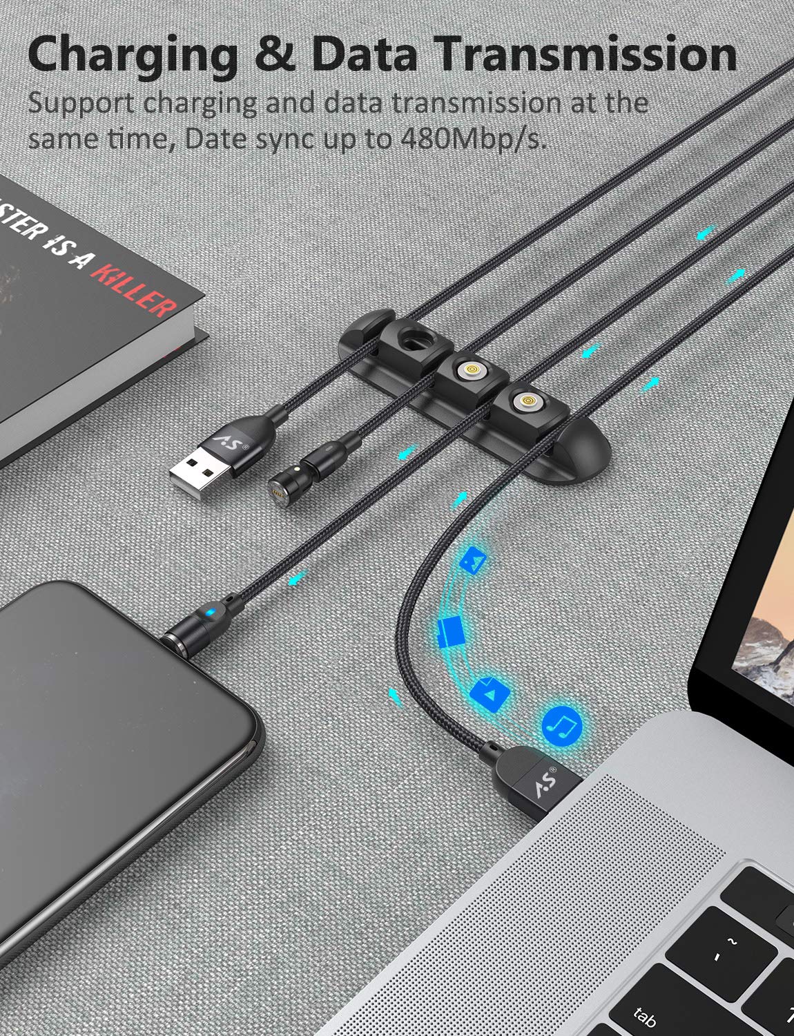 A.S Magnetic Charging Cable, Magnetic Type C Cable Fast Charging Data Sync Magnetic Cable Magnetic Phone Charger for Micro USB, USB C, i-Product Smartphones(3.3ft/3.3ft/6.6ft/6.6ft,Black)