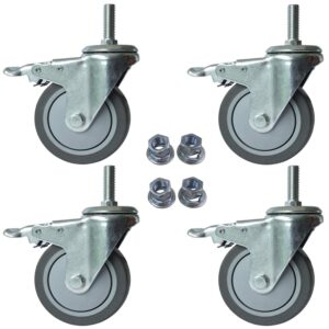 aagut 4 inch brake stem casters 1/2"-13x1-1/2", swivel stem caster, grey wheel industrial castors heavy duty replacement for carts set of 4