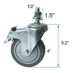 AAGUT 4 Inch Brake Stem Casters 1/2"-13x1-1/2", Swivel Stem Caster, Grey Wheel Industrial Castors Heavy Duty Replacement for Carts Set of 4