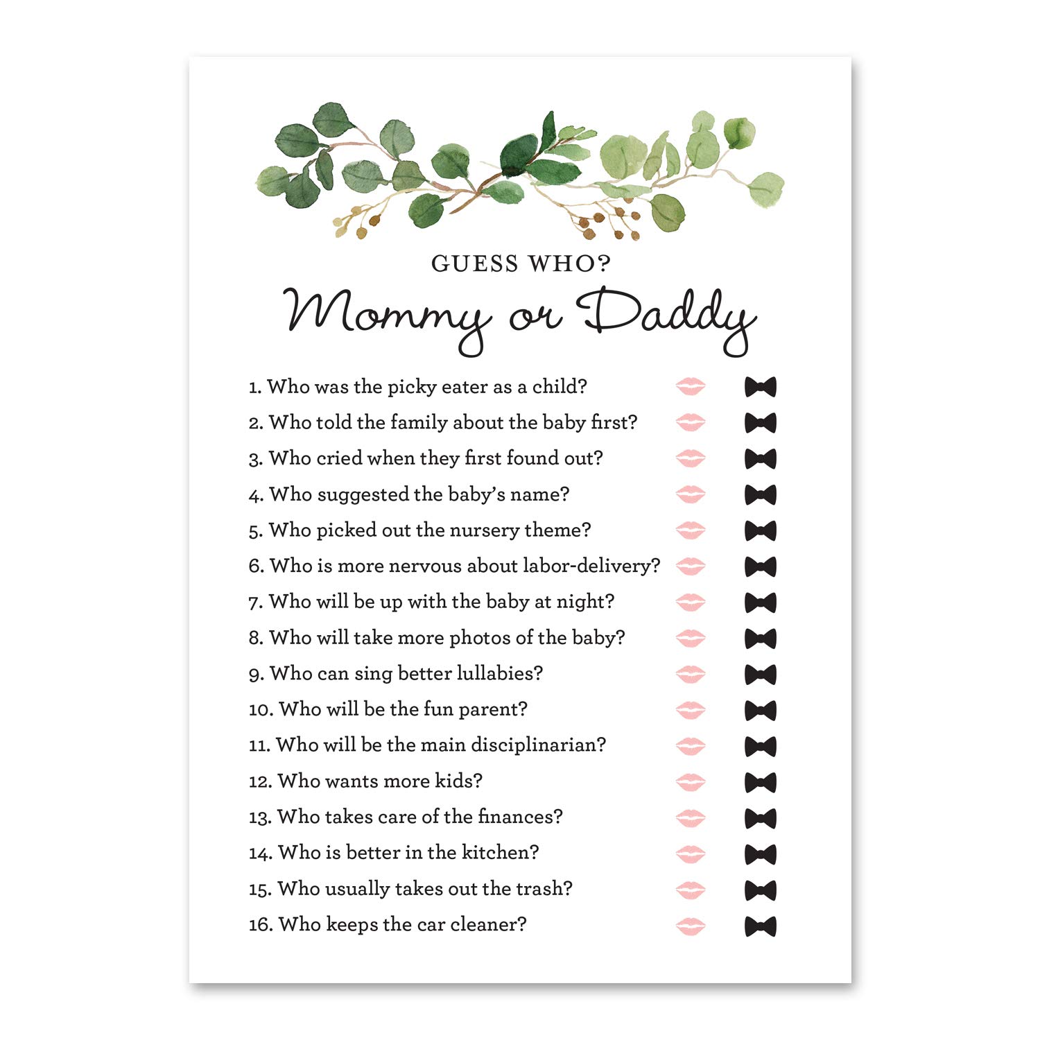 InvitationHouse 24 Greenery Guess Who Mommy or Daddy Game - Mom or Dad Quiz