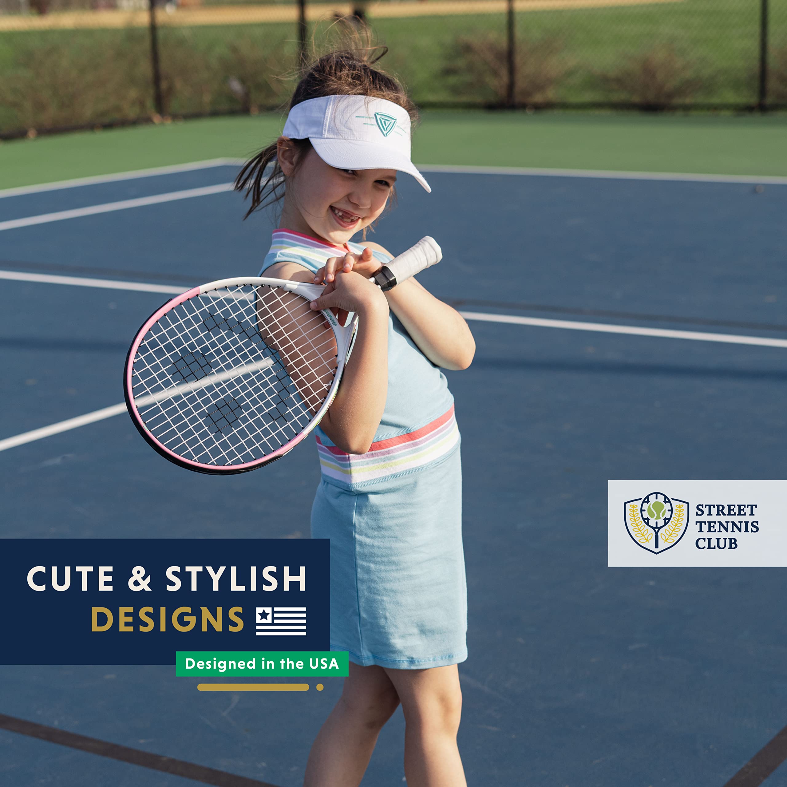 Street Tennis Club Girls Tennis Dress & Golf Outfit, Athletic Skirts Dress with Built-in Shorts - Girls Active Golf and Tennis Clothes Blue Medium (8-9 Years)