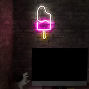 Isaac Jacobs 18” x 8” inch LED Neon ‘White & Pink IceCream Popsicle‘ Wall Sign for Cool Light, Wall Art, Bedroom Decorations, Home Accessories, Party, and Holiday Décor: Powered by USB Wire (POPSICLE)