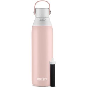 brita stainless steel premium filtering water bottle, bpa-free, reusable, insulated, replaces 300 plastic water bottles, filter lasts 2 months or 40 gallons, includes 1 filter, rose - 20 oz.