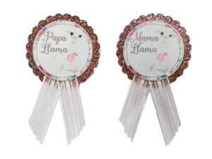 llama mama mommy to be & papa daddy to be pin baby shower pin for parents to wear, white & rose gold gold, it's a girl, it's a boy baby sprinkle