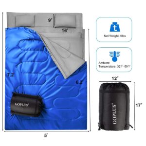 Goplus Double Sleeping Bag Waterproof Portable 2 Person Sleeping Bags with 2 Pillows & Carrying Bag, Queen Size XL 3-4 Season for Adults Teens Camping Traveling Hiking Outdoor Activities (Blue)