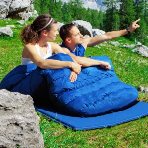 Goplus Double Sleeping Bag Waterproof Portable 2 Person Sleeping Bags with 2 Pillows & Carrying Bag, Queen Size XL 3-4 Season for Adults Teens Camping Traveling Hiking Outdoor Activities (Blue)