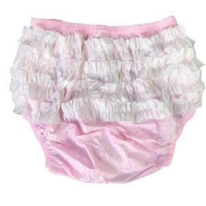 Haian Adult Frilly Plastic Rumba Incontinence Pull-on Plastic Pants with White PVC Frilly (Medium, Baby Pink)