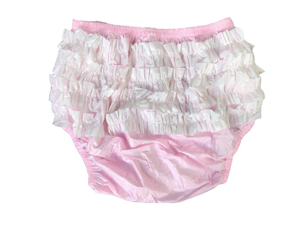 Haian Adult Frilly Plastic Rumba Incontinence Pull-on Plastic Pants with White PVC Frilly (Medium, Baby Pink)