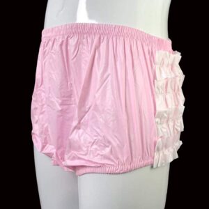 Haian Adult Frilly Plastic Rumba Incontinence Pull-on Plastic Pants with White PVC Frilly (Medium, Baby Pink)