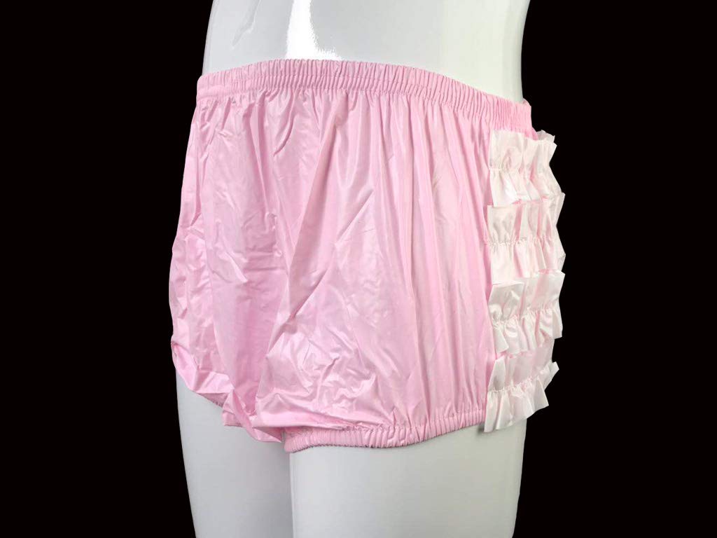 Haian Adult Frilly Plastic Rumba Incontinence Pull-on Plastic Pants with White PVC Frilly (Medium, Baby Pink)