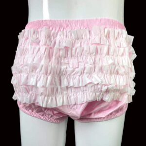 Haian Adult Frilly Plastic Rumba Incontinence Pull-on Plastic Pants with White PVC Frilly (Medium, Baby Pink)