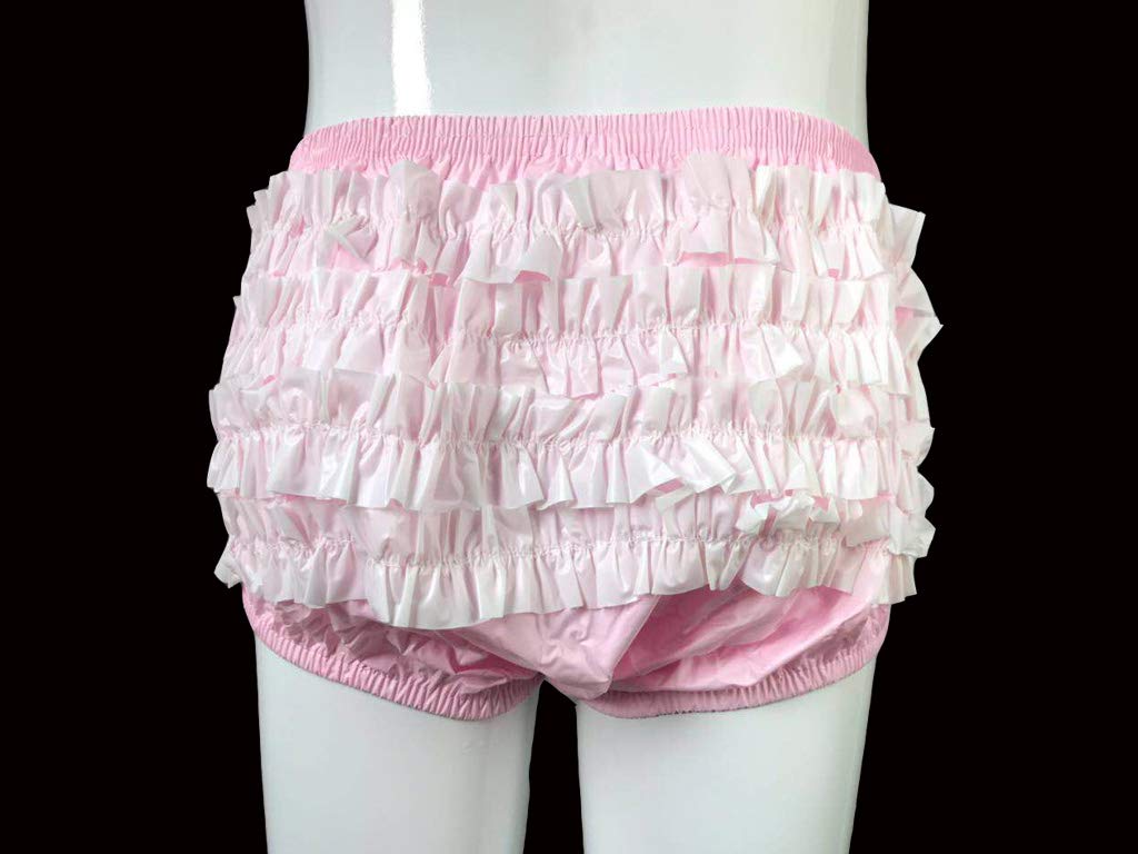 Haian Adult Frilly Plastic Rumba Incontinence Pull-on Plastic Pants with White PVC Frilly (Medium, Baby Pink)