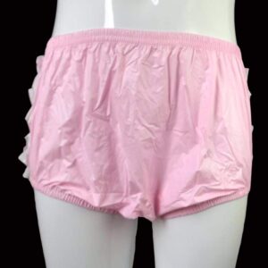 Haian Adult Frilly Plastic Rumba Incontinence Pull-on Plastic Pants with White PVC Frilly (Medium, Baby Pink)