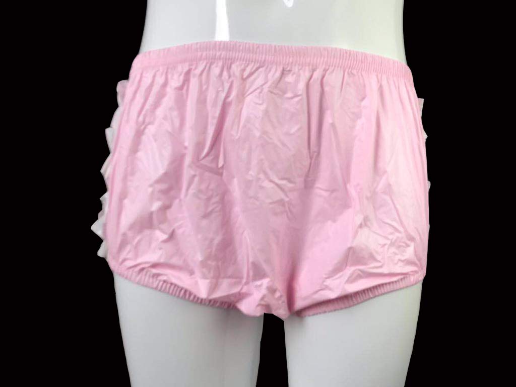 Haian Adult Frilly Plastic Rumba Incontinence Pull-on Plastic Pants with White PVC Frilly (Medium, Baby Pink)