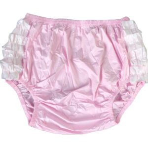 Haian Adult Frilly Plastic Rumba Incontinence Pull-on Plastic Pants with White PVC Frilly (Medium, Baby Pink)