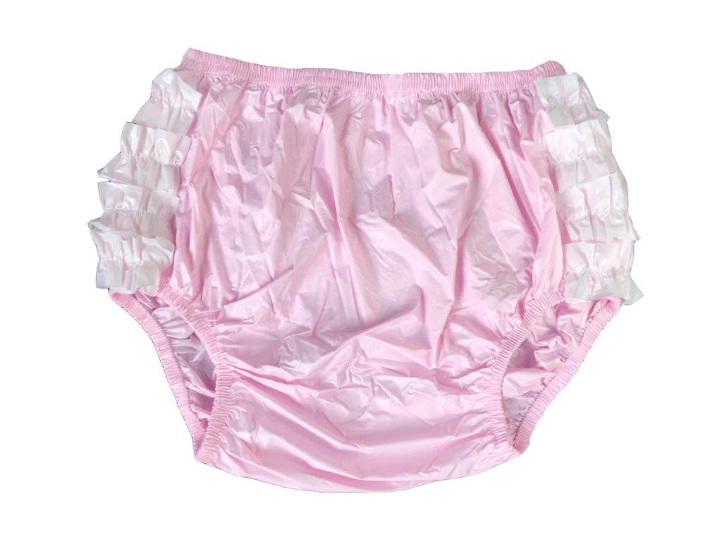 Haian Adult Frilly Plastic Rumba Incontinence Pull-on Plastic Pants with White PVC Frilly (Medium, Baby Pink)