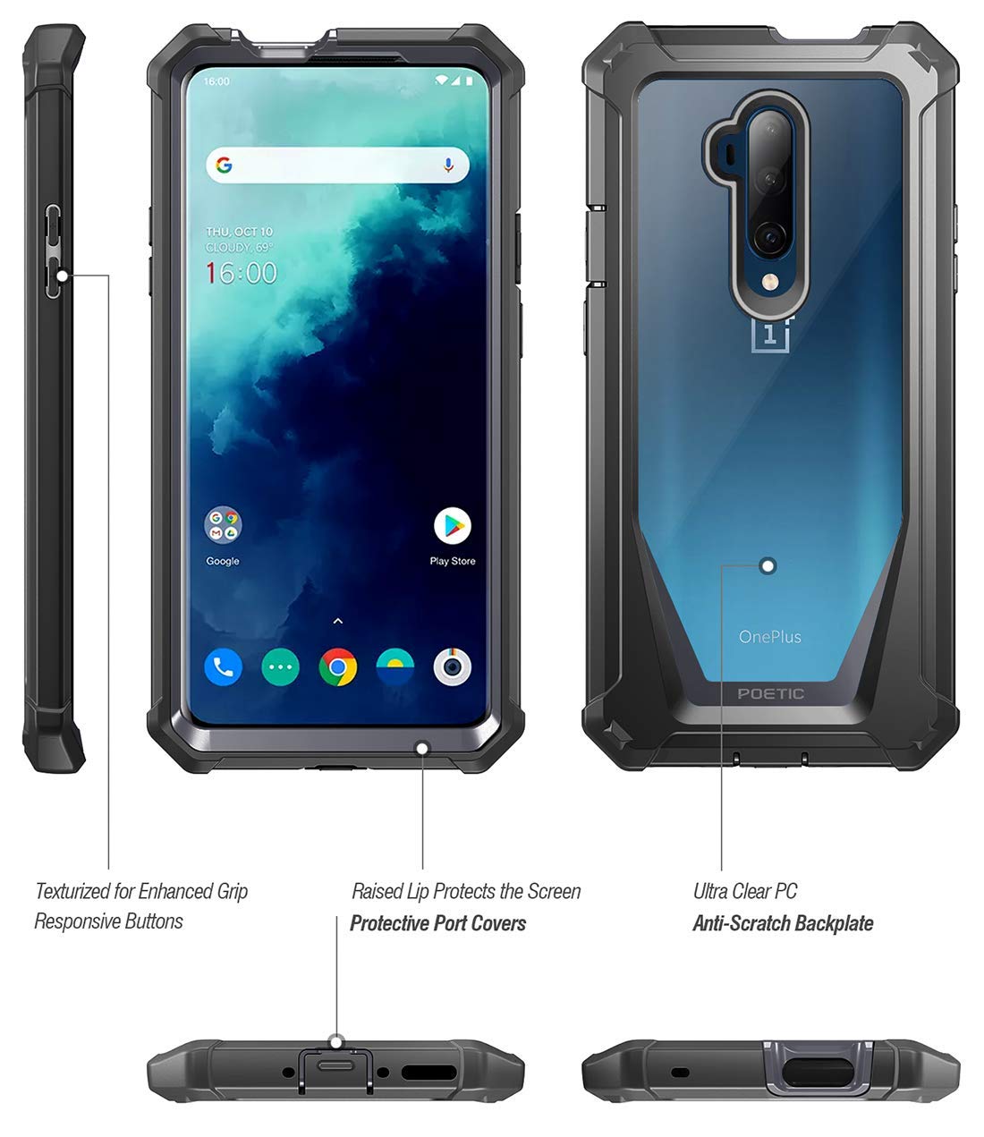 Poetic OnePlus 7 Pro Rugged Clear Case, Full-Body Hybrid Shockproof Bumper Cover, Built-in-Screen Protector, Guardian Series, Case for OnePlus 7 Pro (2019 Release), Black/Clear