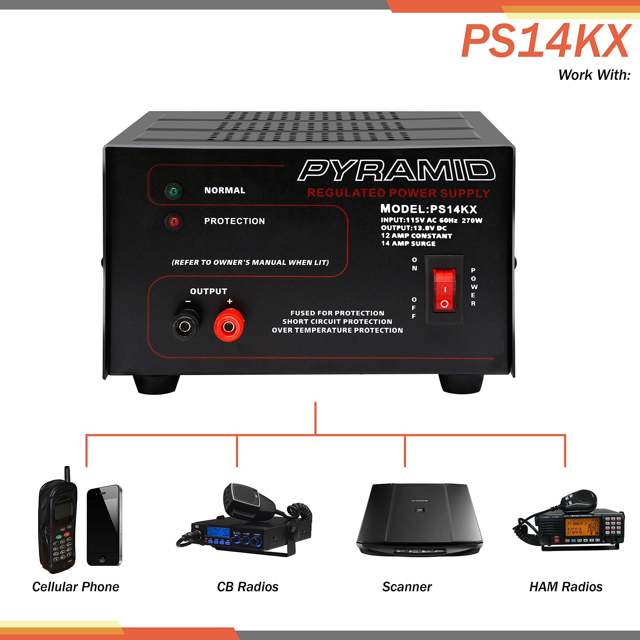 Pyramid Universal Compact Bench Power Supply-12 Amp Linear Regulated Home Lab Benchtop AC-to-Dc 12V Converter w/ 13.8 Volt Dc 115V AC 270 Watt Power Input, Screw Type Terminals, Cooling Fan-PS14KX.5