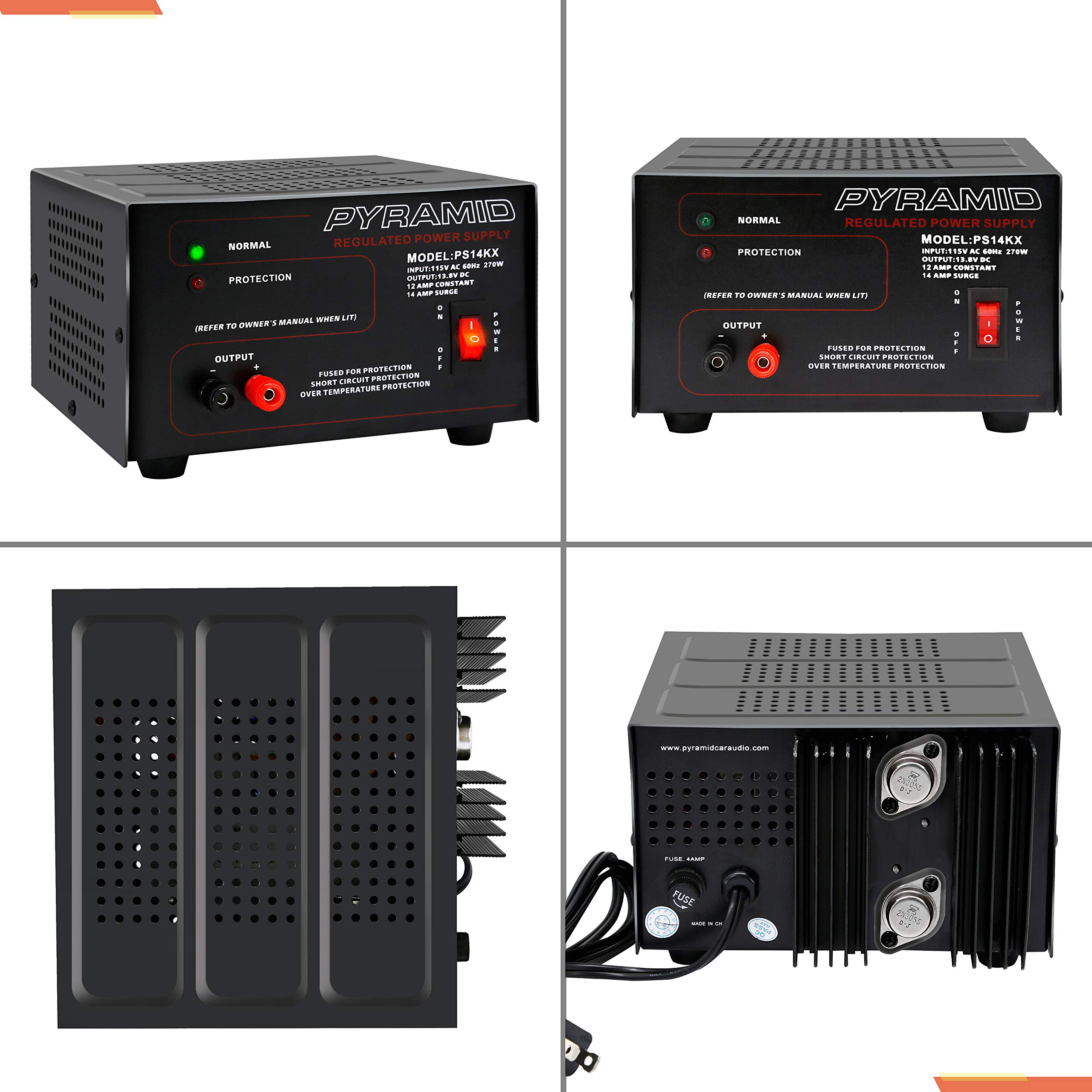 Pyramid Universal Compact Bench Power Supply-12 Amp Linear Regulated Home Lab Benchtop AC-to-Dc 12V Converter w/ 13.8 Volt Dc 115V AC 270 Watt Power Input, Screw Type Terminals, Cooling Fan-PS14KX.5