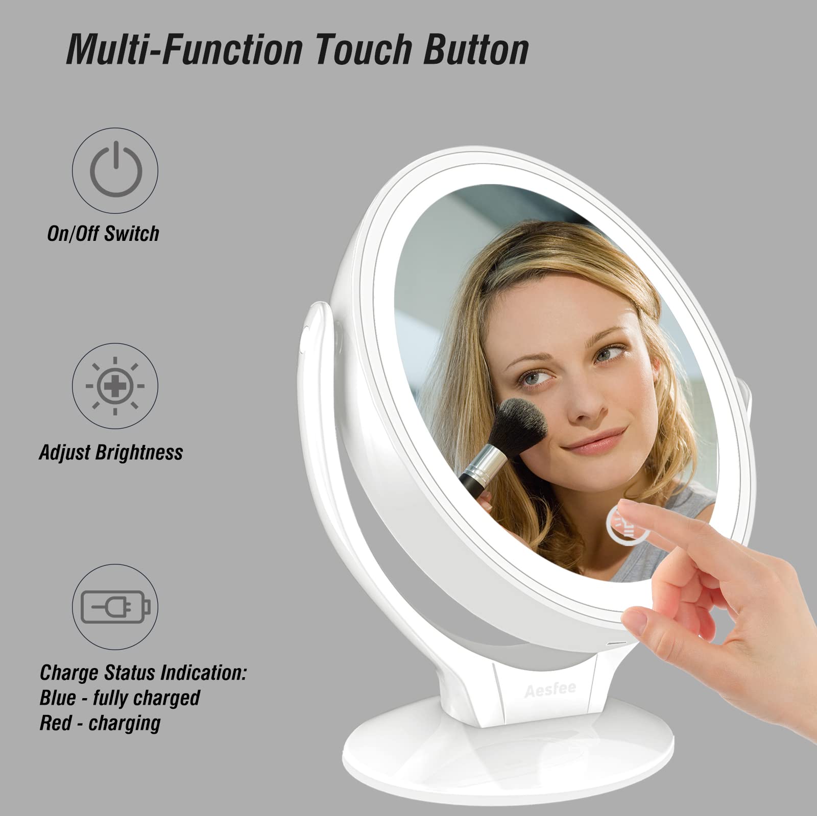 Aesfee LED Lighted Makeup Vanity Mirror Rechargeable,1x/7x Magnification Double Sided 360° Swivel Magnifying Mirror with Dimmable Touch Screen, Portable Tabletop Illuminated Mirrors