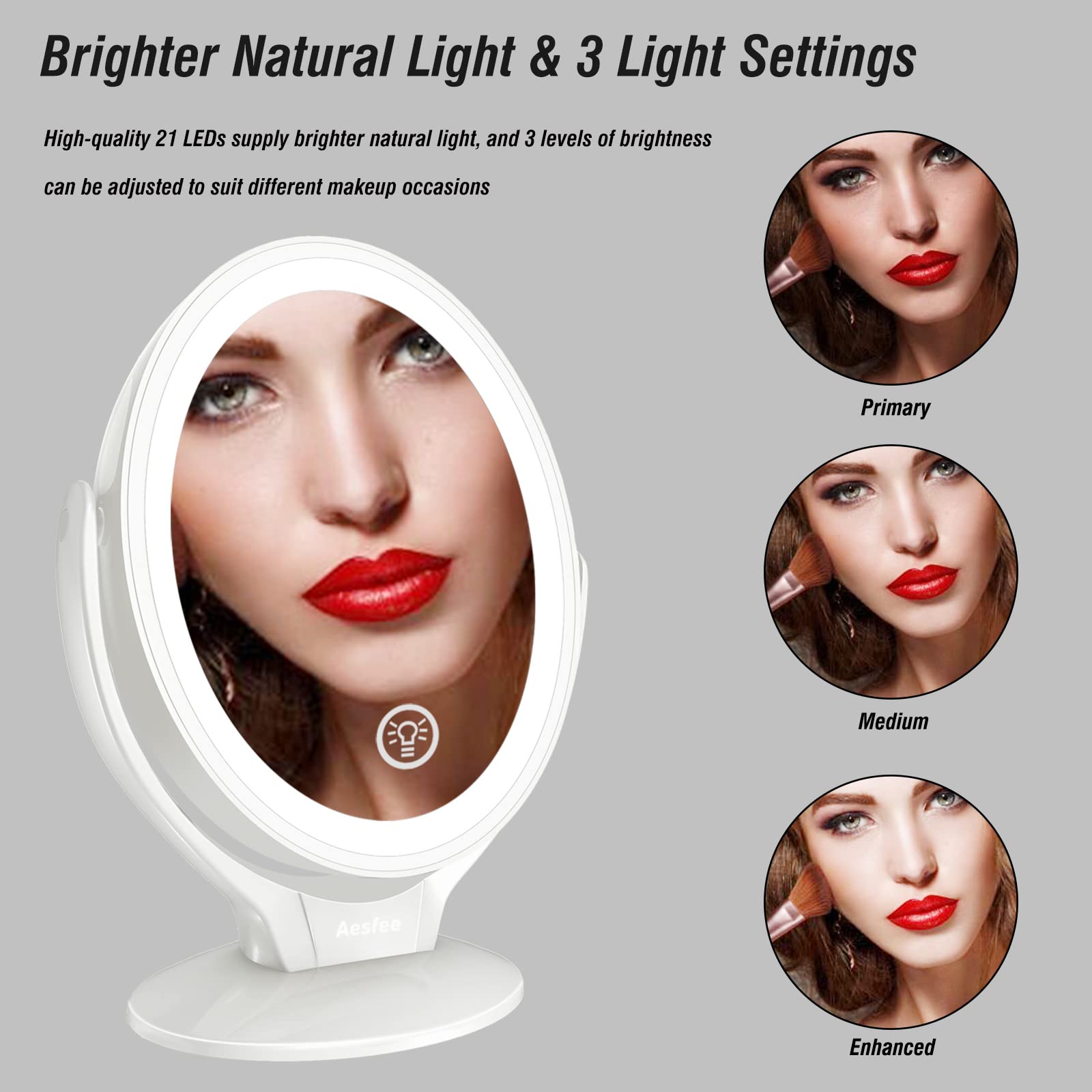 Aesfee LED Lighted Makeup Vanity Mirror Rechargeable,1x/7x Magnification Double Sided 360° Swivel Magnifying Mirror with Dimmable Touch Screen, Portable Tabletop Illuminated Mirrors