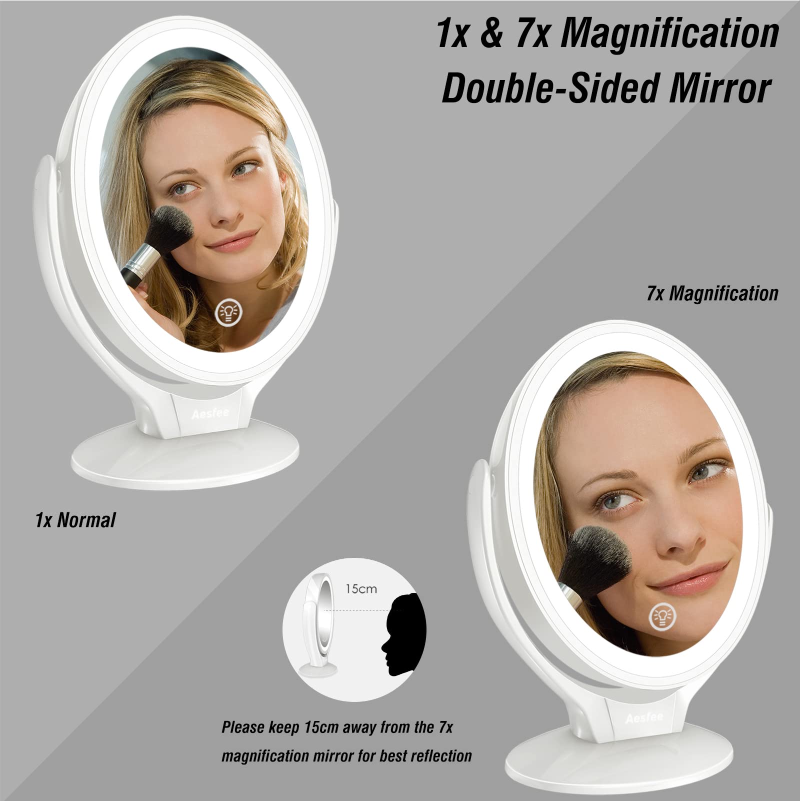 Aesfee LED Lighted Makeup Vanity Mirror Rechargeable,1x/7x Magnification Double Sided 360° Swivel Magnifying Mirror with Dimmable Touch Screen, Portable Tabletop Illuminated Mirrors