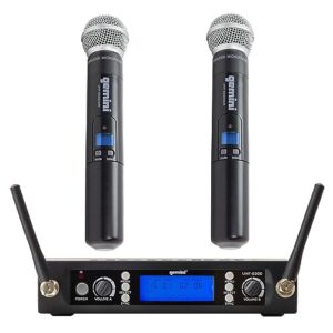 gemini sound pro dual wireless microphone system, professional handheld long range (150 ft) mic set for dj, church, karaoke, xlr connector, 2 (uhf-6200m) microfono