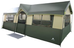 spacious and comfortable ozark trail hazel creek 12 person cabin tent,with two closets with hanging organizers,room dividers,mud mat,e-port and rolling storage duffel for convenience,green