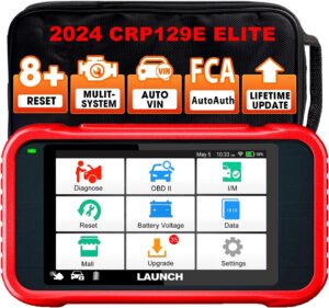 launch crp129e obd2 scanner, 2024 elite ver 4 systems diagnostic scanner with 8 resets, oil, epb, sas, throttle, d.p. f reset, abs bleeding, injector coding, fca autoauth, auto vin, 5 year backup