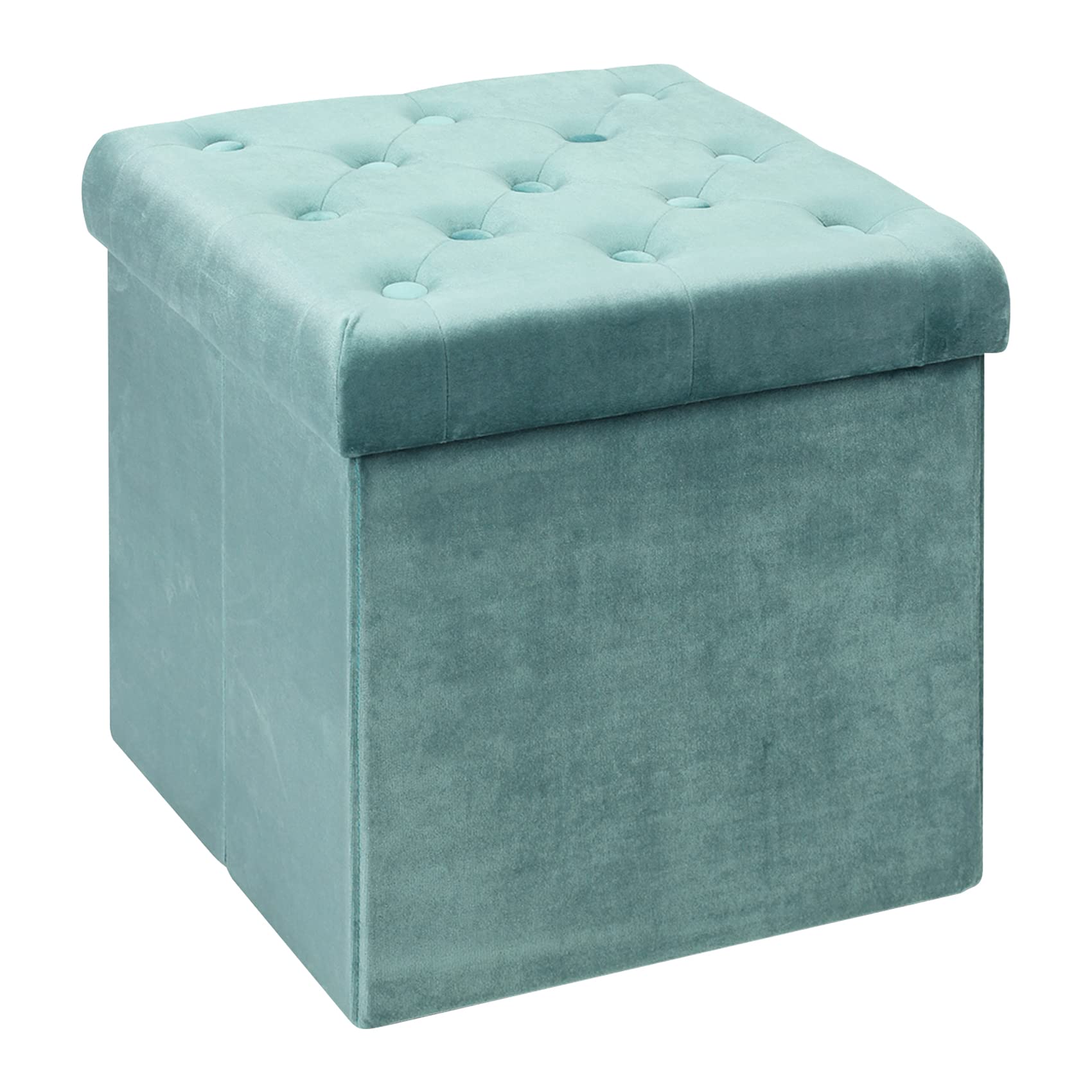 B FSOBEIIALEO Storage Ottoman Cube Velvet Tufted Folding Ottomans Footstool Rest Seat with Removable Lid (Teal, Medium)