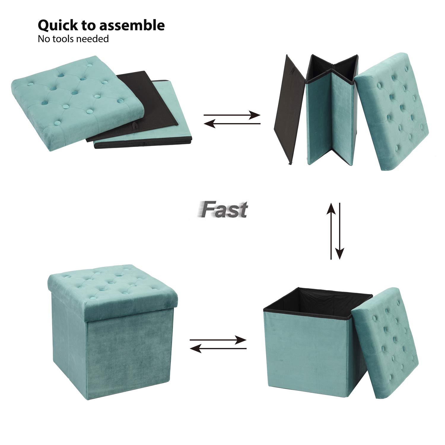 B FSOBEIIALEO Storage Ottoman Cube Velvet Tufted Folding Ottomans Footstool Rest Seat with Removable Lid (Teal, Medium)