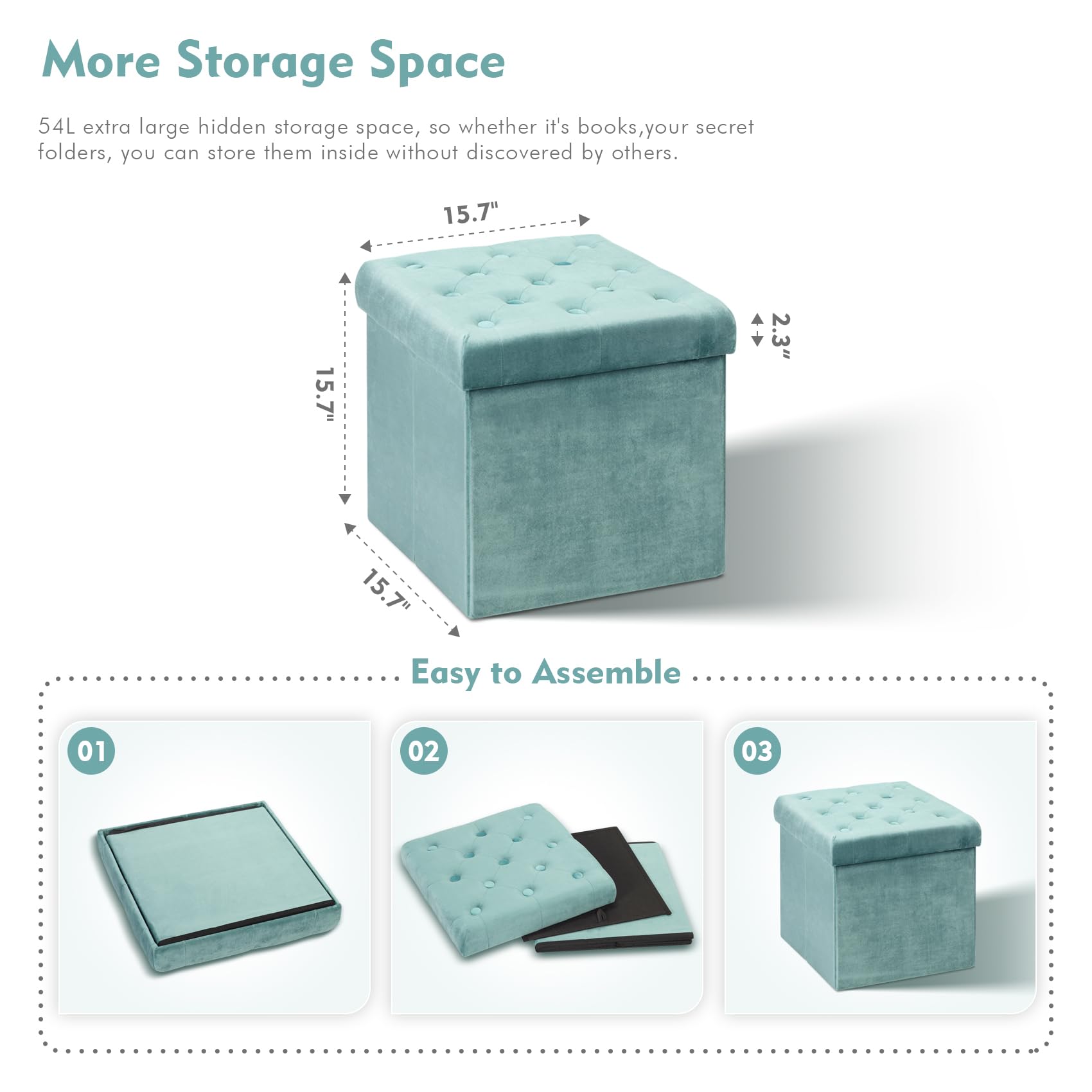 B FSOBEIIALEO Storage Ottoman Cube Velvet Tufted Folding Ottomans Footstool Rest Seat with Removable Lid (Teal, Medium)