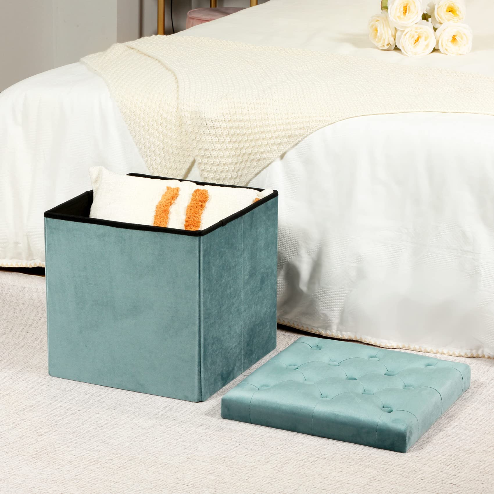 B FSOBEIIALEO Storage Ottoman Cube Velvet Tufted Folding Ottomans Footstool Rest Seat with Removable Lid (Teal, Medium)