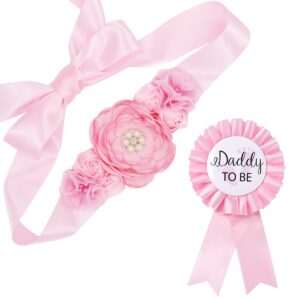 baby pink maternity sash & daddy to be corsage set - baby shower sash baby girl pregnancy sash keepsake baby shower flower belly belt