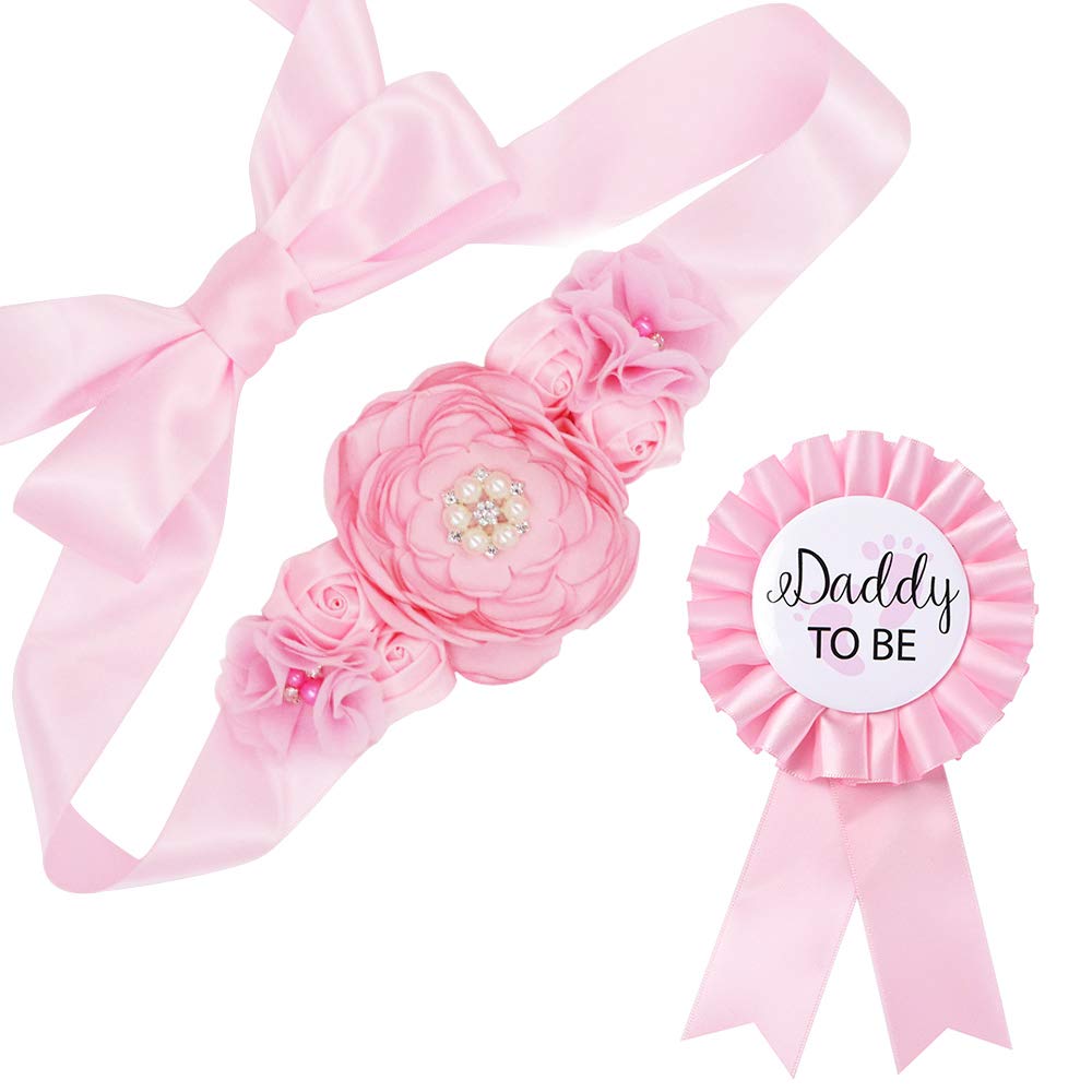 Baby Pink Maternity Sash & Daddy to Be Corsage Set - Baby Shower Sash Baby Girl Pregnancy Sash Keepsake Baby Shower Flower Belly Belt