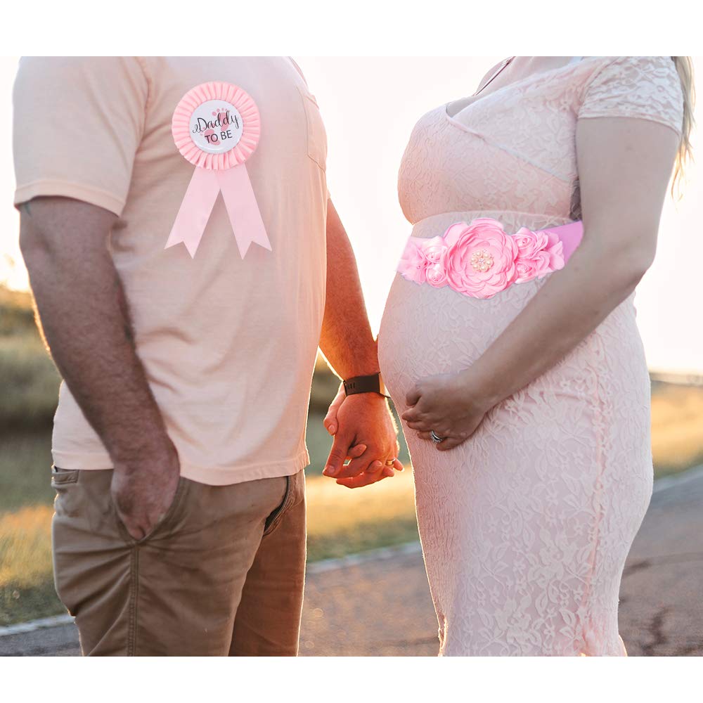 Baby Pink Maternity Sash & Daddy to Be Corsage Set - Baby Shower Sash Baby Girl Pregnancy Sash Keepsake Baby Shower Flower Belly Belt