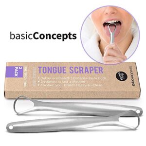 BASIC CONCEPTS Tongue Scraper for Adults (2 Pack), Reduce Bad Breath (Travel Cases Included), Stainless Steel Tongue Cleaners, 100% Metal Tongue Scraper with Case Fresh Breath Tongue Cleaner Oral