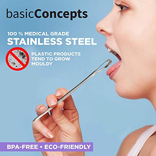 BASIC CONCEPTS Tongue Scraper for Adults (2 Pack), Reduce Bad Breath (Travel Cases Included), Stainless Steel Tongue Cleaners, 100% Metal Tongue Scraper with Case Fresh Breath Tongue Cleaner Oral