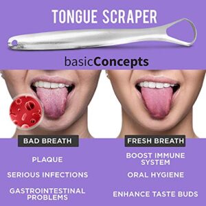 BASIC CONCEPTS Tongue Scraper for Adults (2 Pack), Reduce Bad Breath (Travel Cases Included), Stainless Steel Tongue Cleaners, 100% Metal Tongue Scraper with Case Fresh Breath Tongue Cleaner Oral