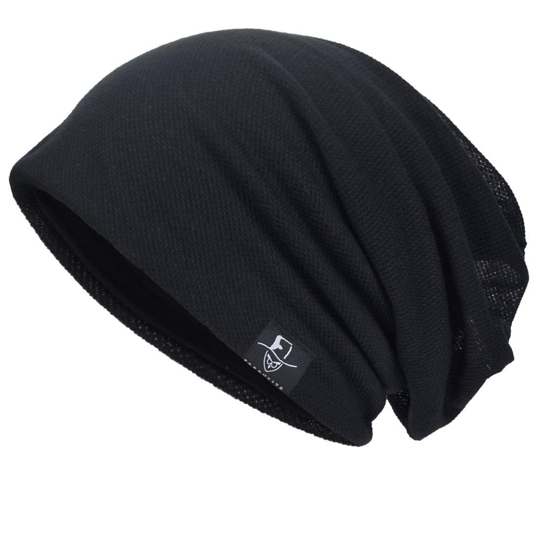 VECRY Men Slouch Hollow Beanie Thin Summer Cap Skullcap (Solid Black1)