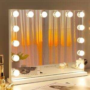 fenchilin vanity mirror with lights hollywood lighted makeup mirror with 14 dimmable led bulbs with 3 colors modes for dressing room & bedroom(white)