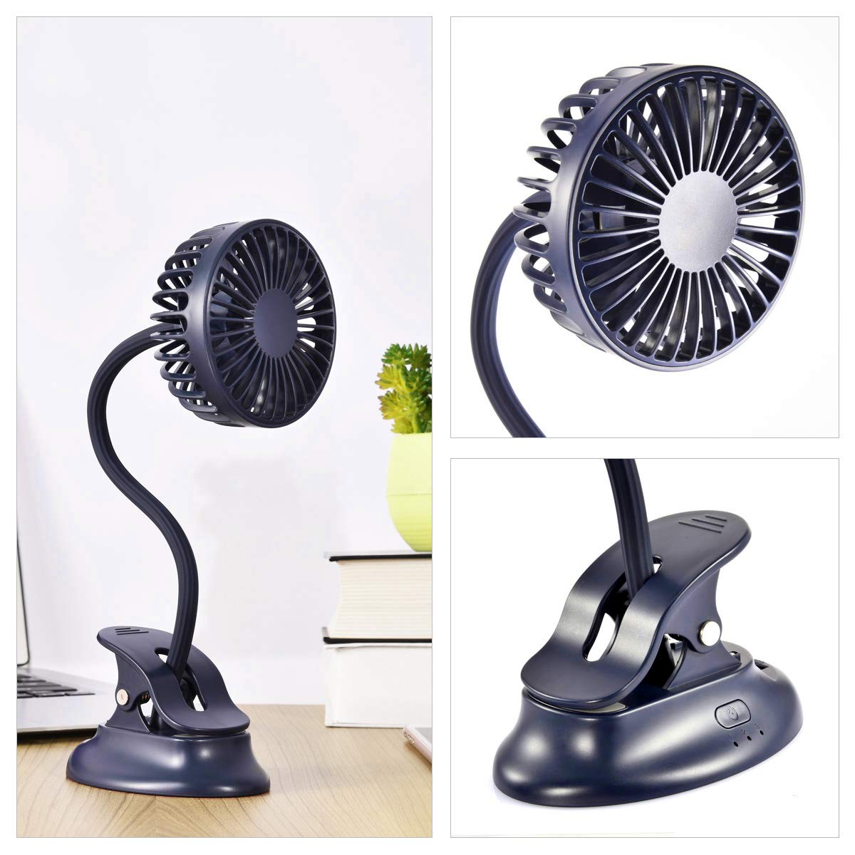 Clip on Fan Usb Battery Operated Desk Clip Fan with Emergency Power Bank, Baby Stroller Fan Rechargeable Personal Fan Flexible Neck 3 Speeds Great for Beach Car Camping Dorm Bed Office-Navy Blue