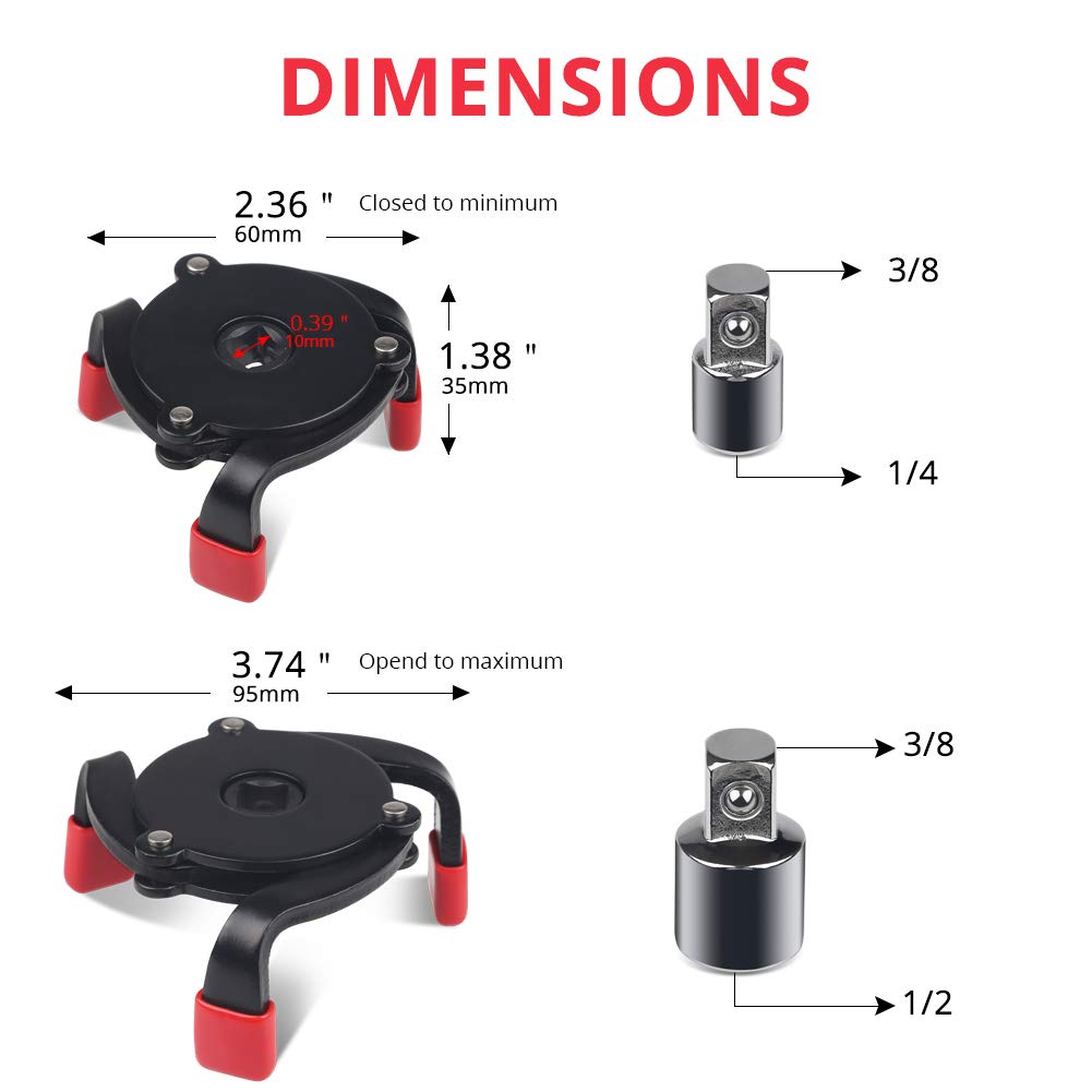 JDMON Universal Adjustable 3 Jaw Oil Filter Wrench Remover Tool for Removing Oil filters Range 2.4 inch from 3.8 inch in Diameter Include 1/2”-3/8” and 1/4”-3/8” Drive Adapter