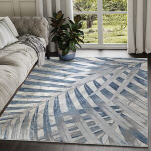 abani 4' x 6' blue grey & beige floral palm leaf pattern area rug rugs - nova collection modern eclectic style accent rug