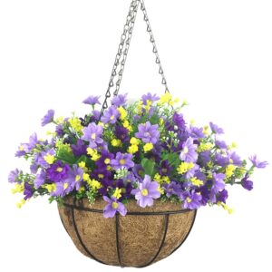 lopkey artificial daisy flowers outdoor indoor patio lawn garden hanging basket with chain flowerpot,10 inch dark purple