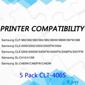 EASY PRINT (5-Pack) Compatible CLT406S Toner Cartridge Replacement for CLT-K406S C406S M406S Y406S Used for Samsung CLX-3305FW CLX-3307FW SL-C460FW SL-C463FW CLP-365W 367W, (2X BK, 1x C, 1x M, 1x Y)