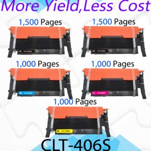 EASY PRINT (5-Pack) Compatible CLT406S Toner Cartridge Replacement for CLT-K406S C406S M406S Y406S Used for Samsung CLX-3305FW CLX-3307FW SL-C460FW SL-C463FW CLP-365W 367W, (2X BK, 1x C, 1x M, 1x Y)